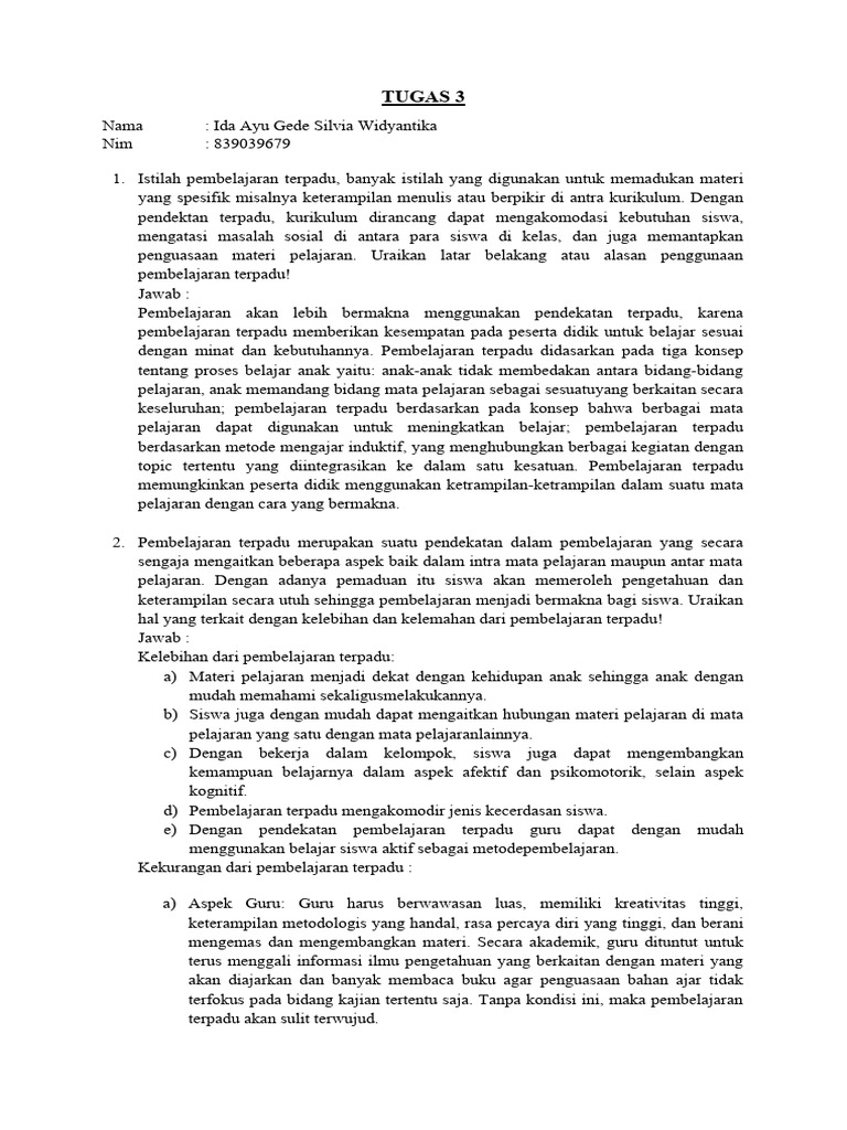 Pembelajaran Terpadu: Kelebihan dan Kekurangan | PDF