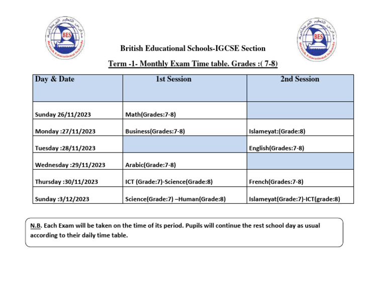 Grades7 8 Monthly Exam Timetable | PDF | Technology & Engineering