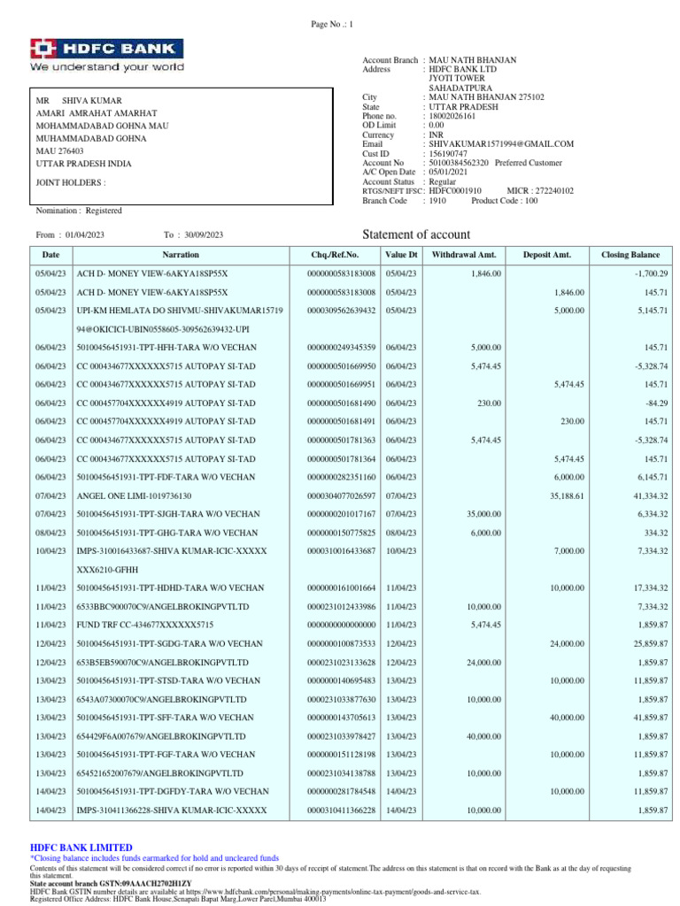 Statement of Account: Date Narration Chq./Ref - No. Value DT Withdrawal ...