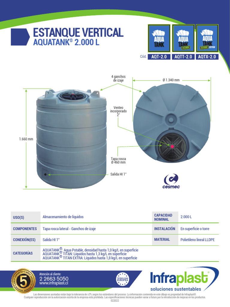 Estanque de Agua Ficha Tecnica Infraplast-Ftw Aqt-2.0 Estanque Agua Aquatank-240222 | PDF ...