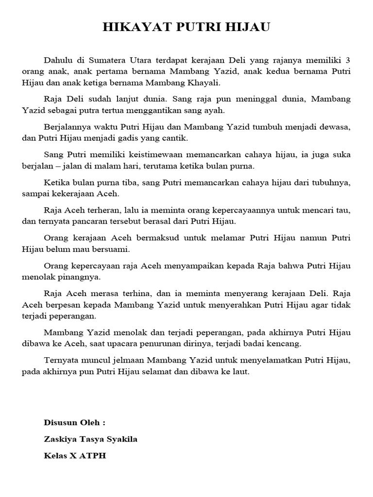 Hikayat Putri Hijau: Cerita Rakyat Sumut | PDF