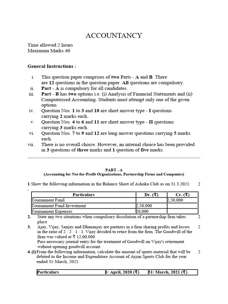 ACCOUNTANCY Question Paper 2022 (67-1-1) Set - 1 | Download Free PDF ...