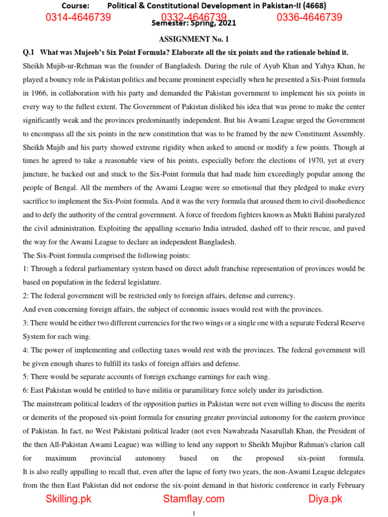Assignment No. 1 Q.1 What Was Mujeeb's Six Point Formula? Elaborate All The Six Points and The ...