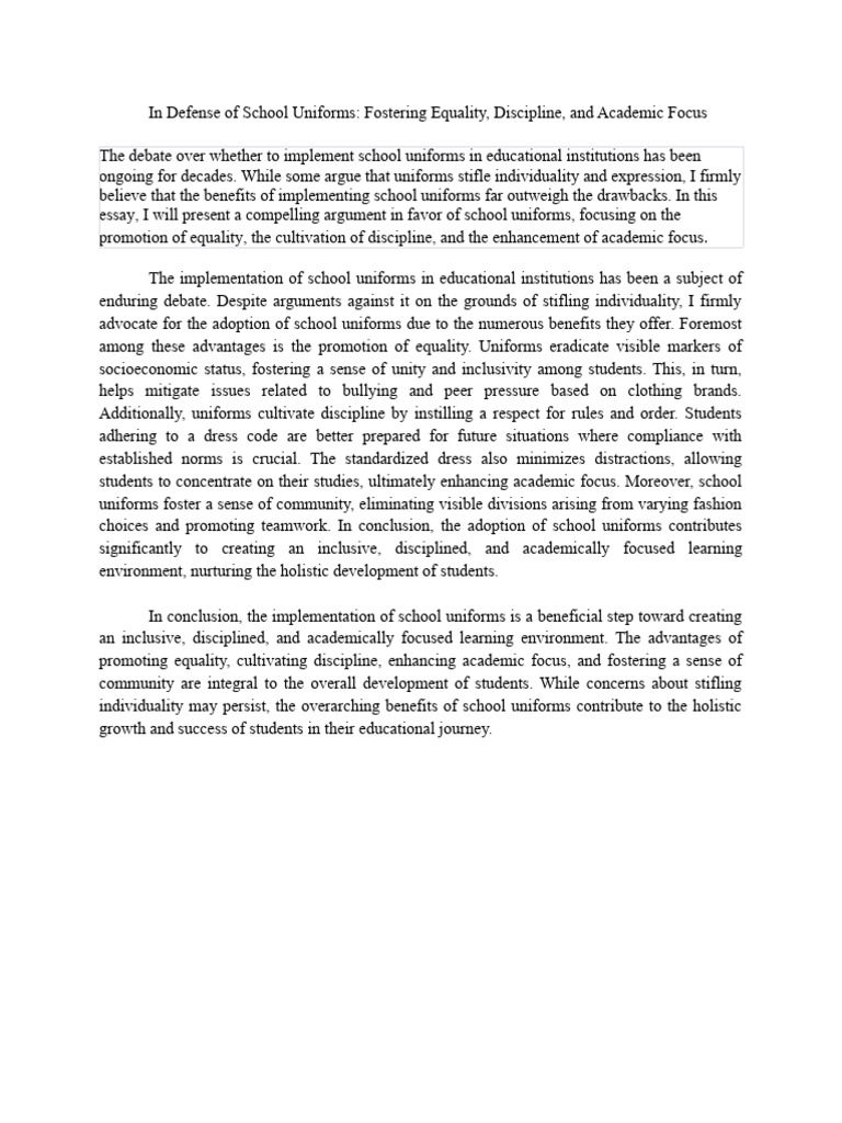 In Defense of School Uniforms (Argumentatuve Essay) | PDF