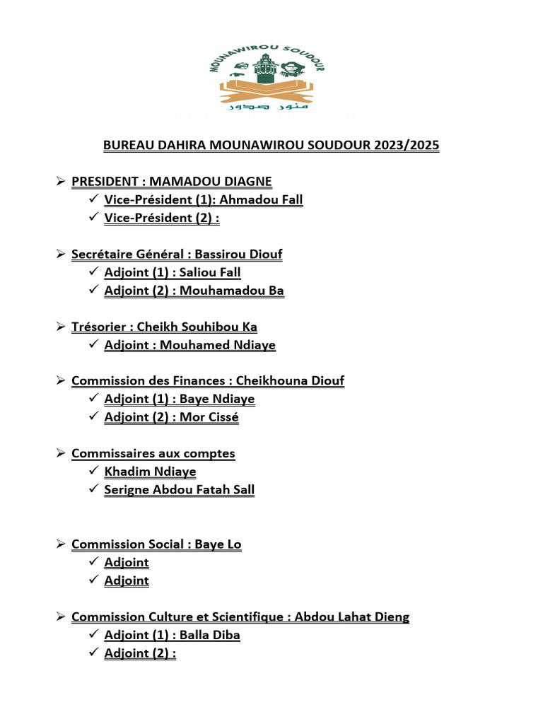 Bureau Dahira Mounawirou Soudour 2023-2025 | PDF | Politique