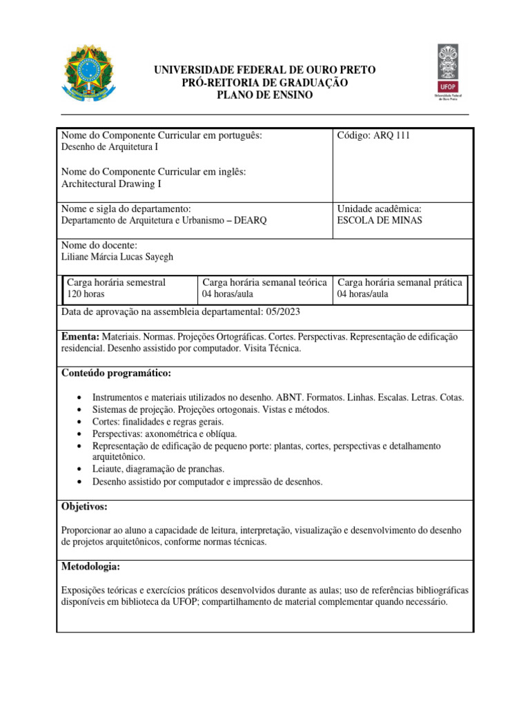 Plano de Ensino - ARQ 111 - 2023.1 | PDF