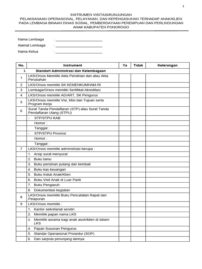FORM INSTRUMEN VISITASI Atau Monitoring LKS UNTUK TAHUN 2024 | PDF