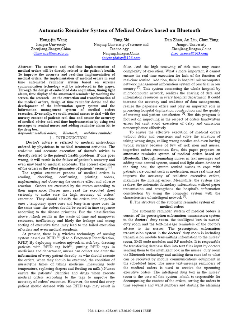 Wang Et Al. - 2011 - Automatic Reminder System of Medical Orders Based On Bluetooth | PDF ...