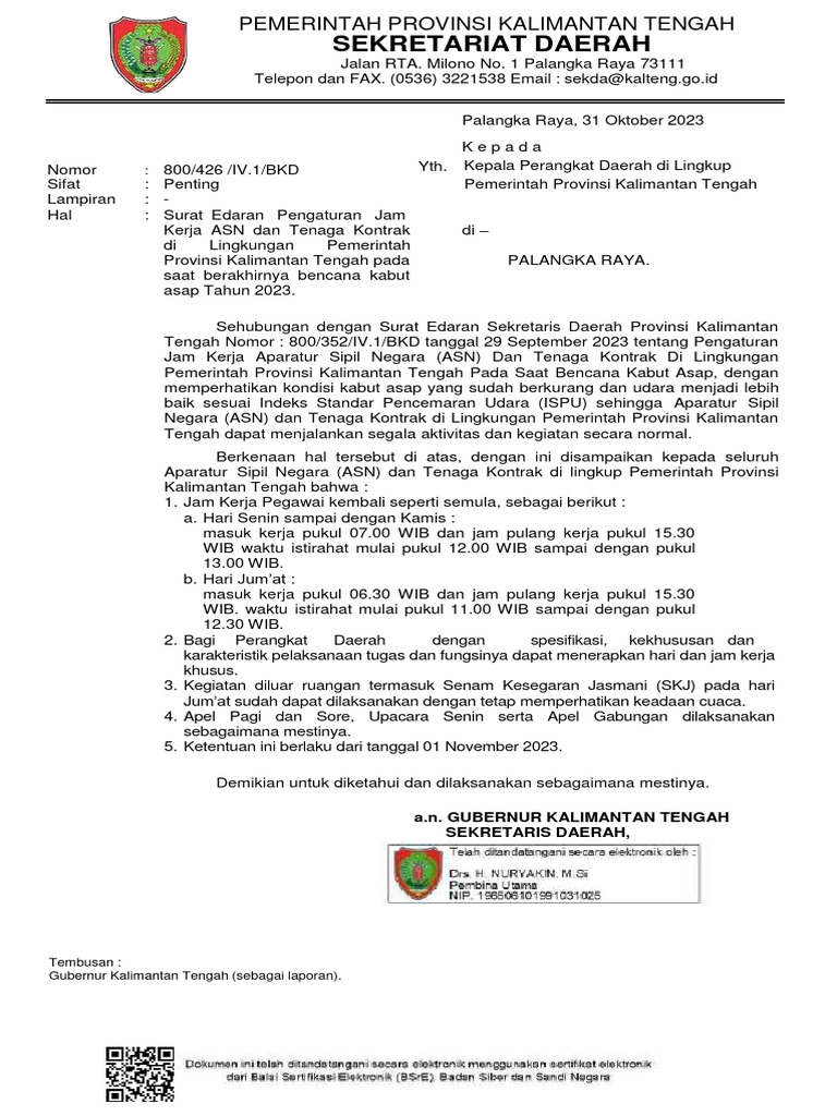 BKD-SURAT EDARAN PENGATURAN JAM KERJA BERAKHIRNYA KABUT ASAP - Sign | PDF