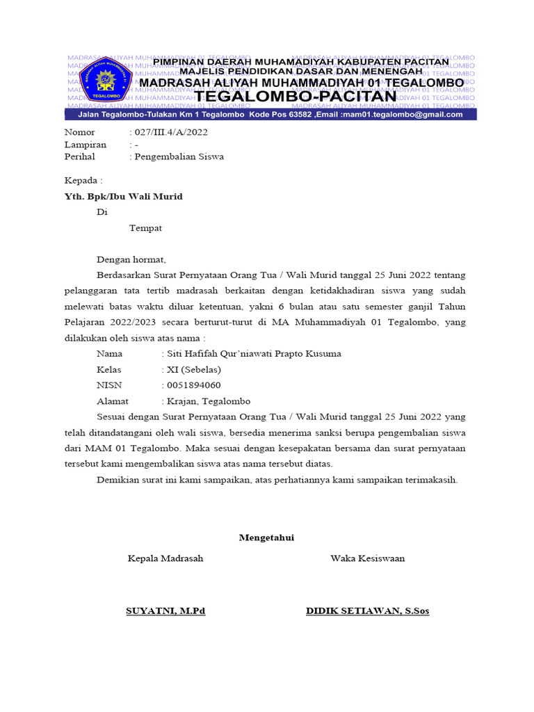 Surat Pengembalian Siswa | PDF