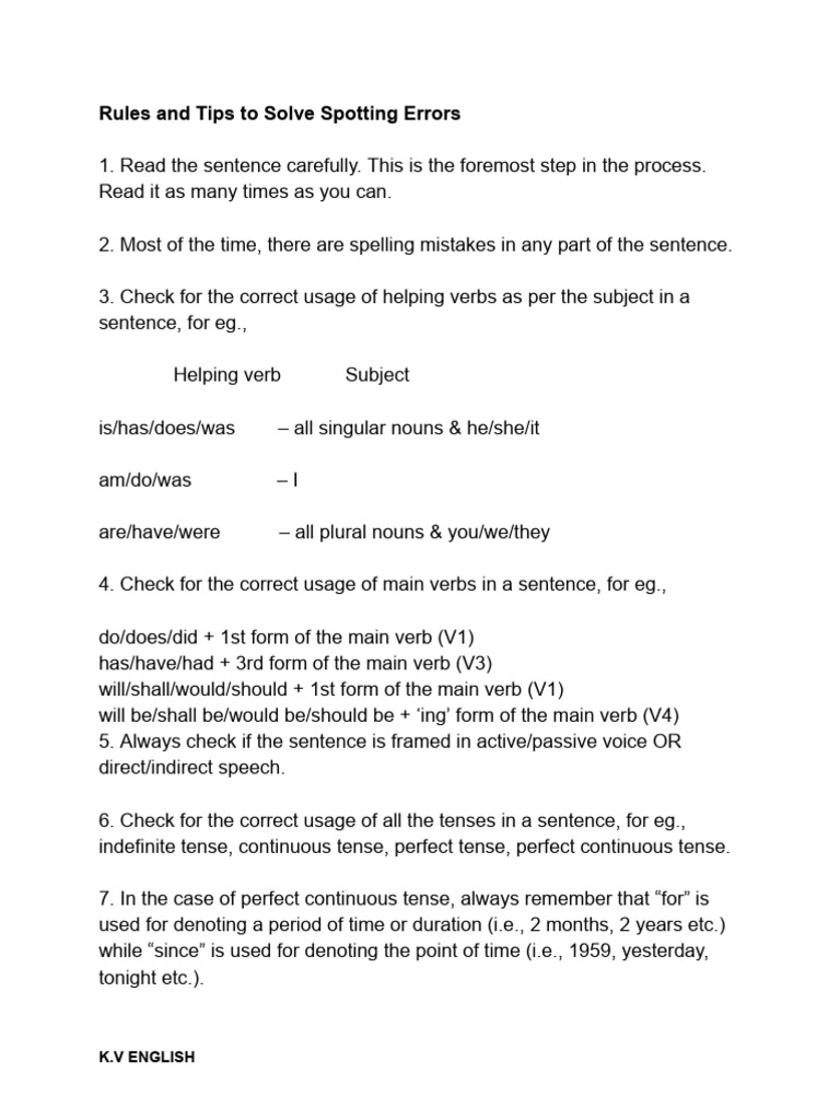 Grammar Error Spotting Guide | PDF | Grammatical Number | Verb