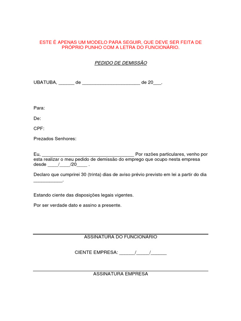 Modelo Pedido de Demissão - Com Aviso | PDF