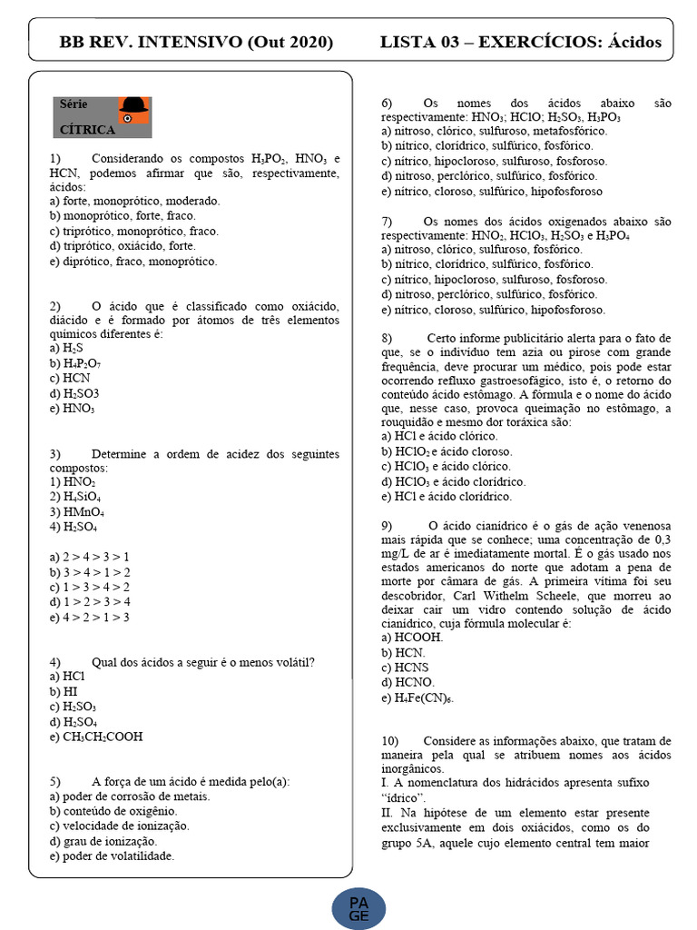 LISTA 3 - Ácidos | PDF | Ácido | Ácido clorídrico