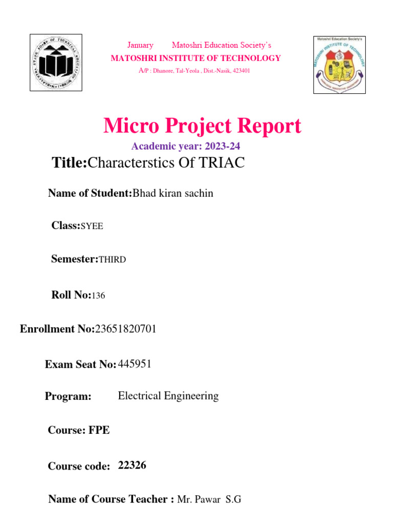 Micro Project Report: Title:Characterstics of TRIAC | PDF | Computer Engineering | Electrical ...