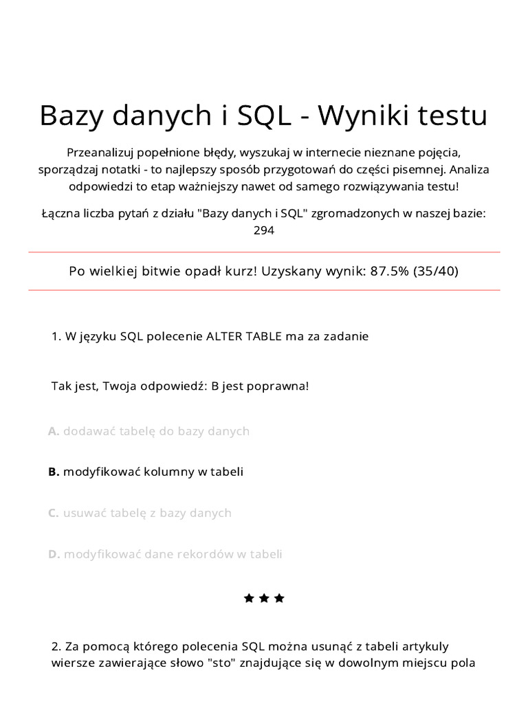 Bazy Danych I SQL - Odpowiedzi Do Testu | PDF