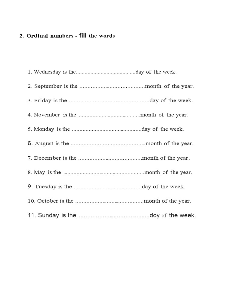 Ordinal Numbers, Days, Months Worksheet | PDF