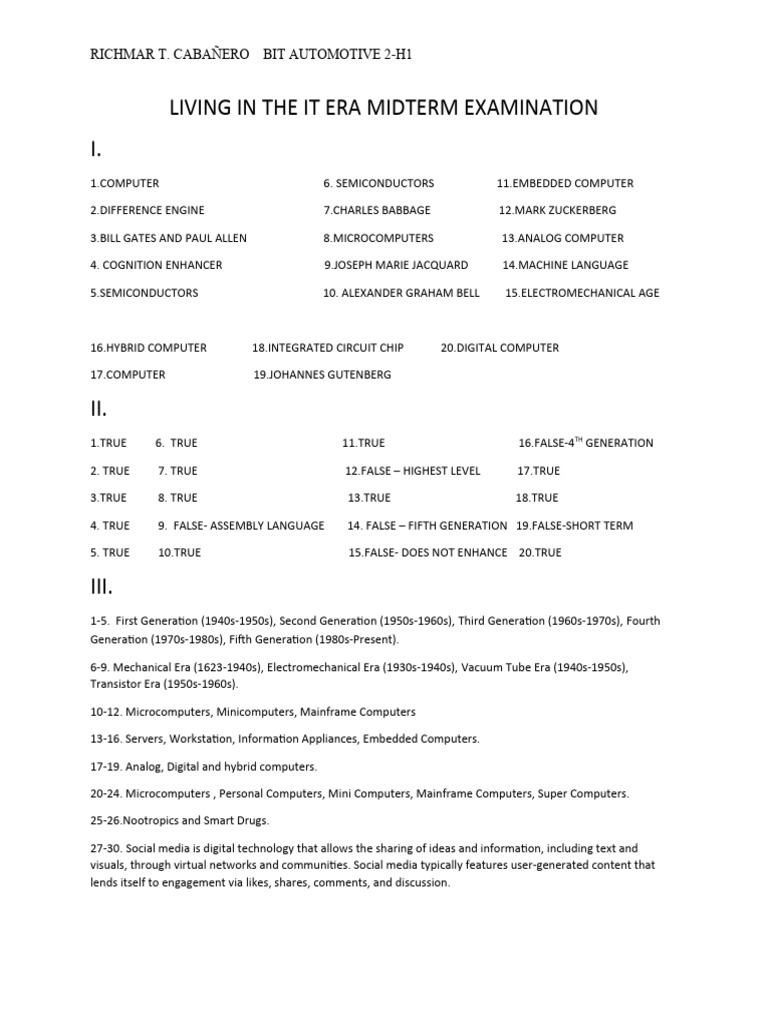 Living in The It Era Midterm Examination (Cabañero, Richmar T. Bit-Auto h1) | PDF | Mass Media ...