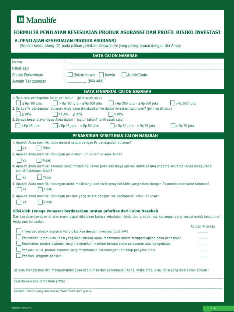 Formulir Penilaian Kesesuaian Produk Asuransi Dan Profil Risiko Investasi Agency & PB | PDF