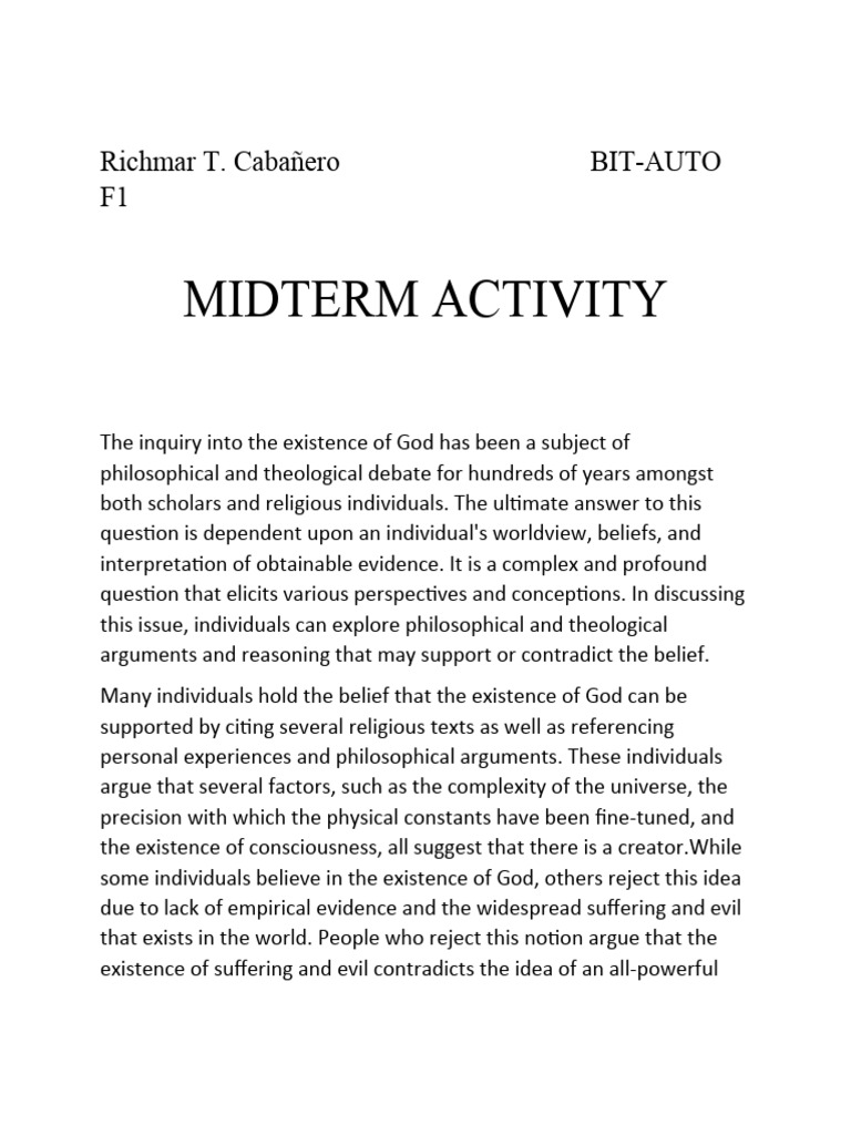 Midterm Activity Ethics | PDF | Morality | Existence Of God