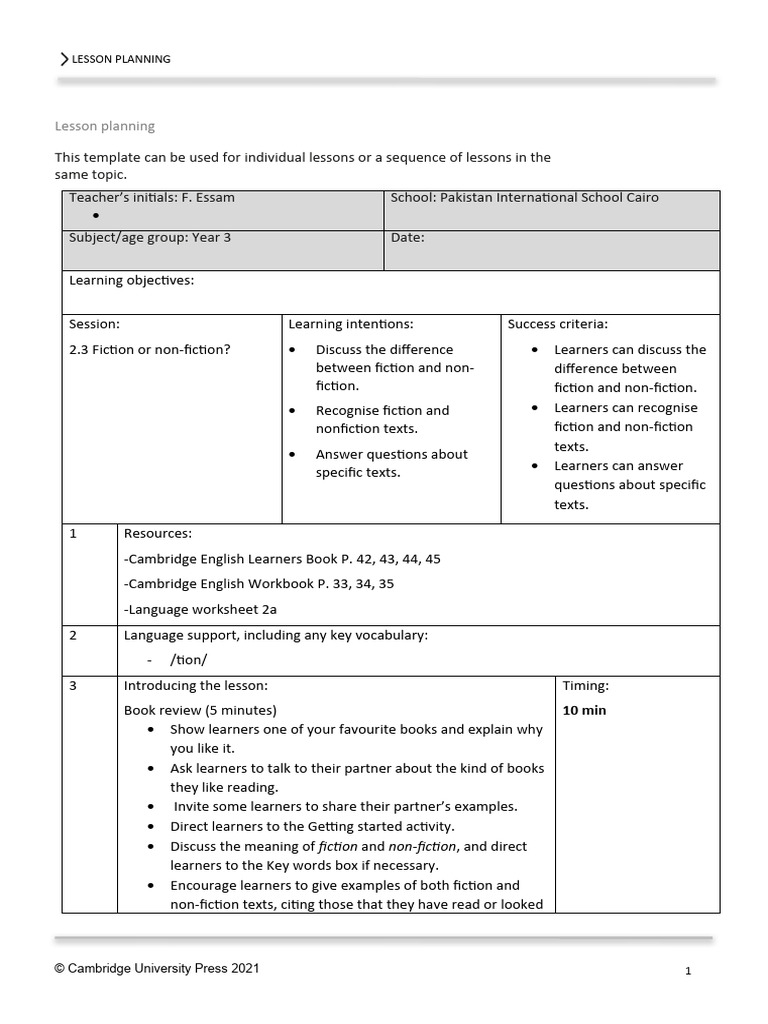 Year 3 Fiction vs. Non-Fiction Lesson | PDF | Learning | Non Fiction