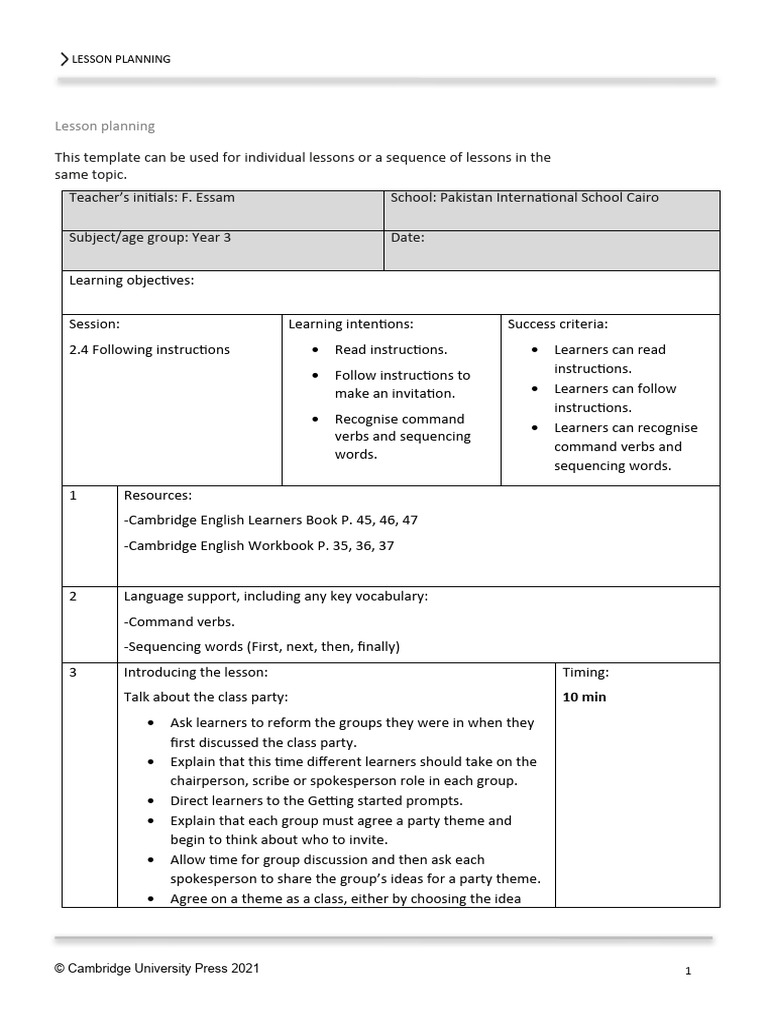 Lesson Plan 4 Unit 2 Cambridge English Book 3 | PDF | Learning ...