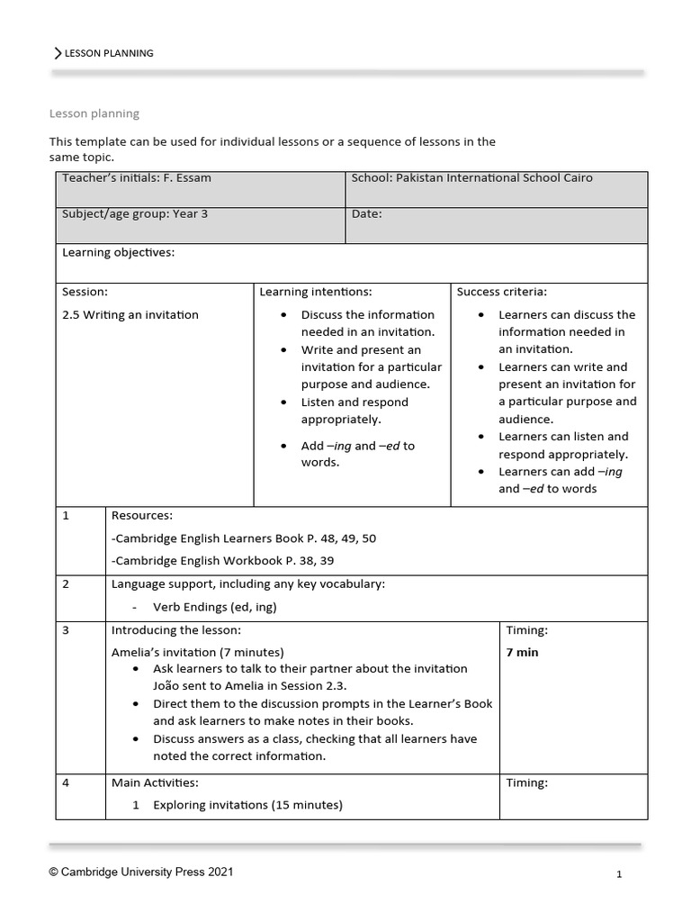 Year 3 Invitation Writing Lesson Plan | PDF | English Language ...