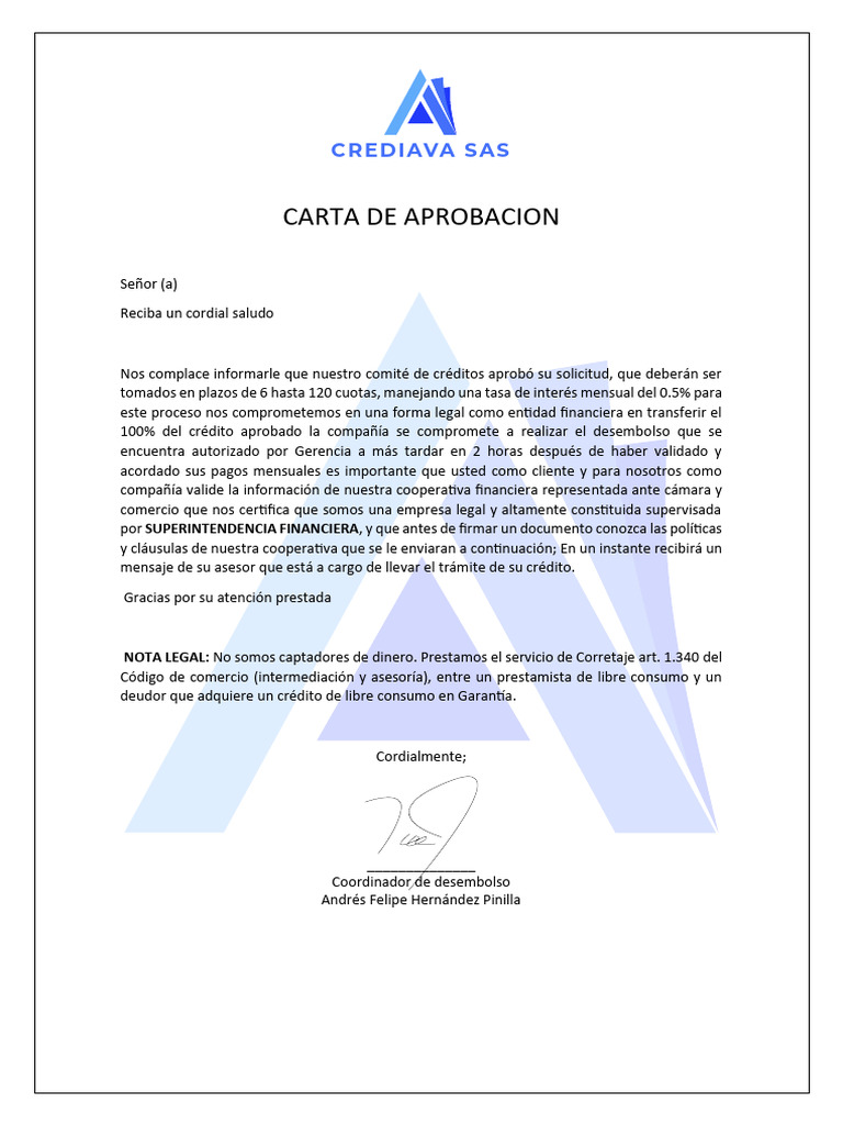 Carta de Aprobacion | PDF | Finanzas y dinero