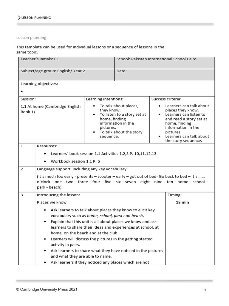 Lesson Plan 1 Unit 1 Book 2 Cambridge English | PDF | Vocabulary | Psycholinguistics