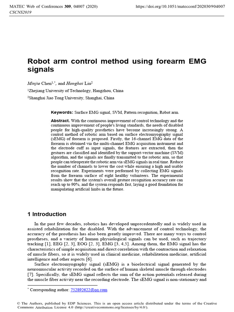 Robot Arm Control Method Using Forearm EMG Signals | PDF | Electromyography | Prosthesis