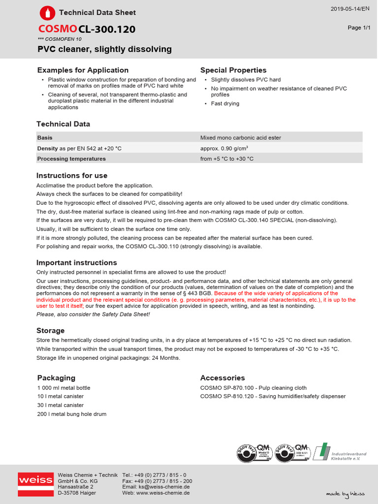 COSMOFEN 10 PVC Cleaner Technical Data | PDF | Polyvinyl Chloride ...