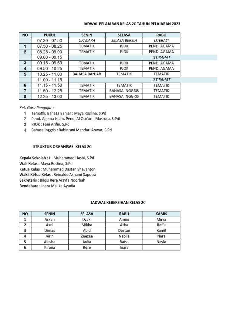 Jadwal Kelas 2C 2023-2024 | PDF