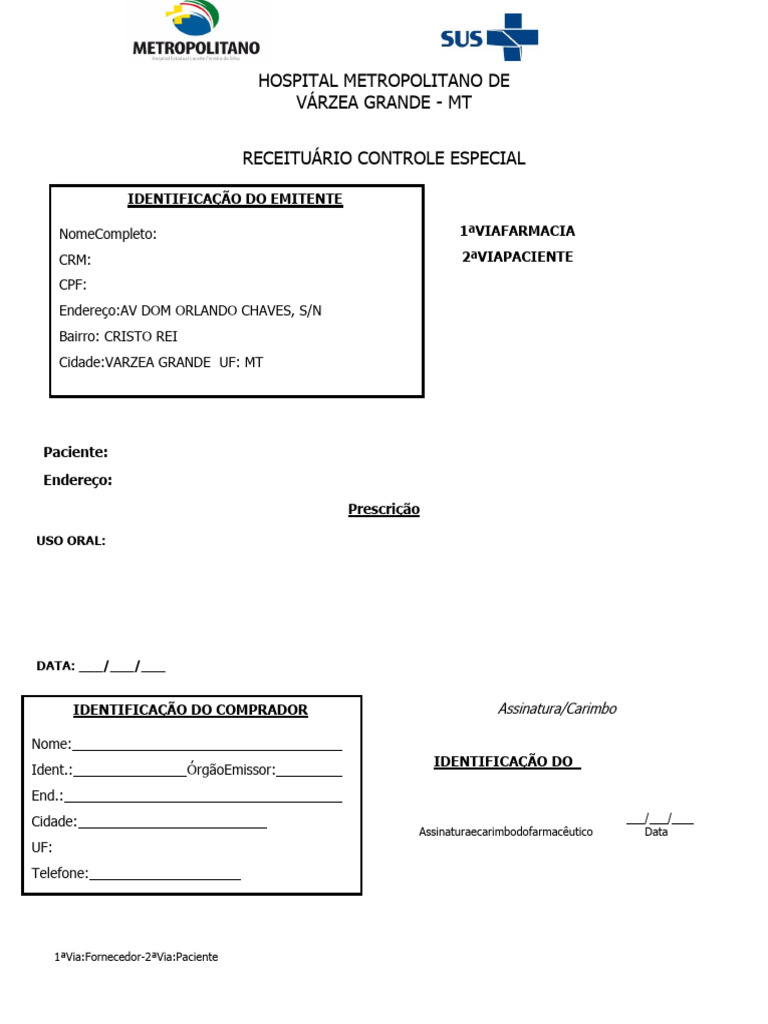 Receituário Controle Especial WORD | PDF Receituário Controle Especial WORD | PDF