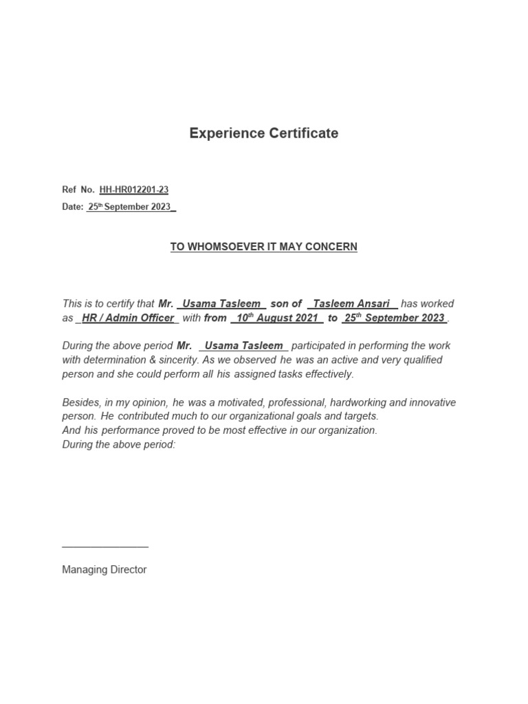 Experience Certificate PDF