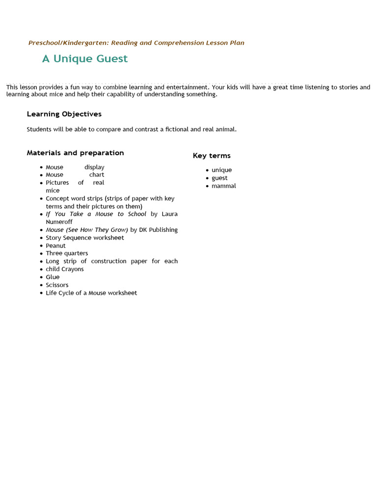 Reading and Comprehension Lesson Plan | PDF | Mouse | Mammals