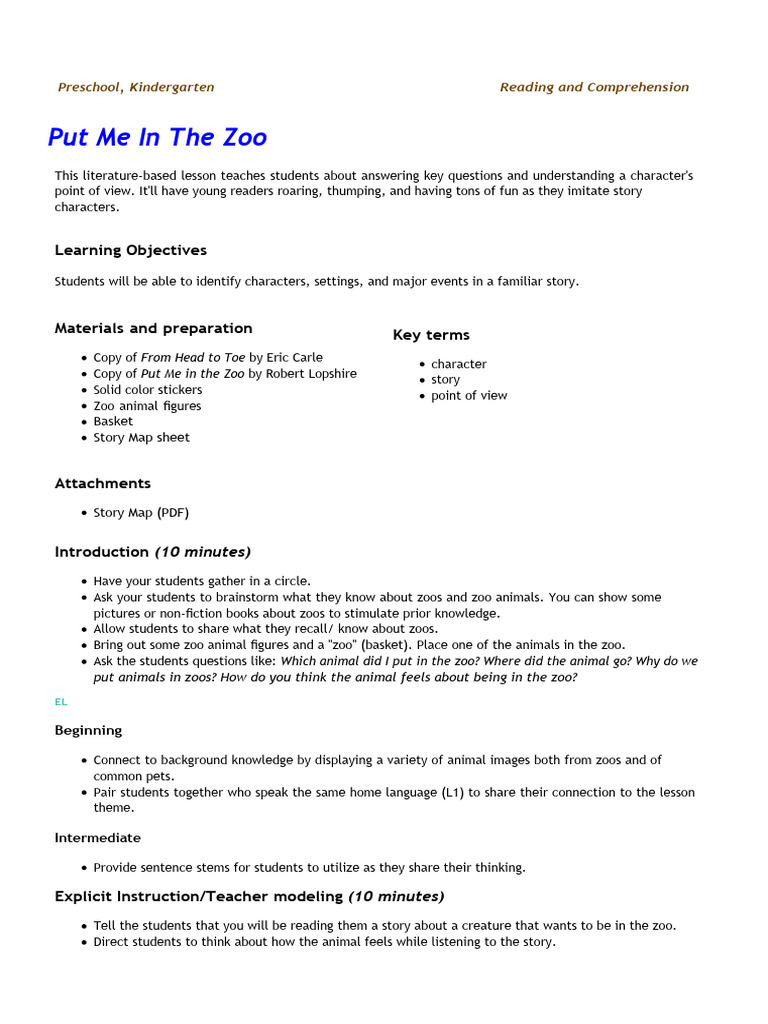 Reading and Comprehension Lesson Plan (Put Me in The Zoo) .Edited | PDF | Reading Comprehension ...
