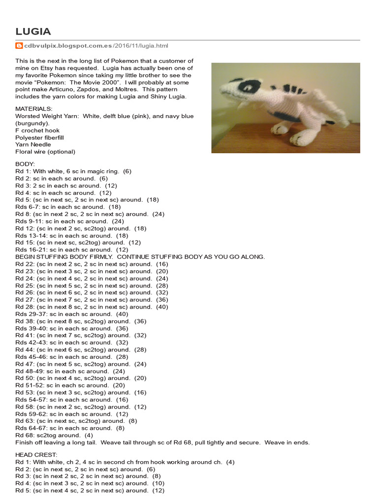 Crochet Fanatic LUGIA | PDF | Crochet | Needlework