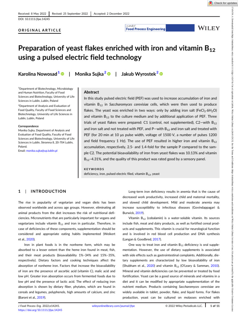 Preparation of Yeast Flakes Enriched With Iron and Vitamin B Using A Pulsed Electric Field ...