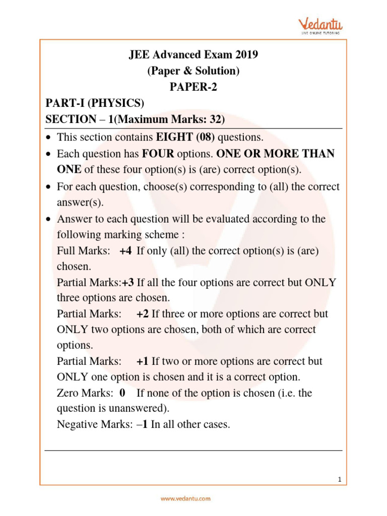 JEE Advanced 2019 Question Paper 2 With Solutions | PDF | Electronvolt ...