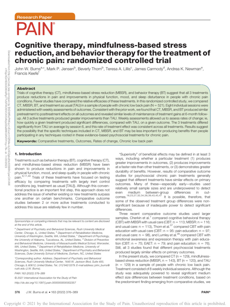 Chronic Pain Therapy Comparison | PDF | Cognitive Behavioral Therapy | Mindfulness