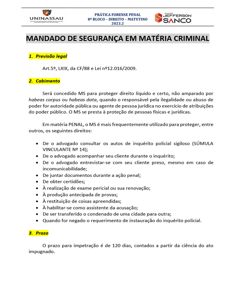 Estrutura Do Mandado de Segurança em Materia Criminal | Download grátis ... Estrutura Do Mandado de Segurança em Materia Criminal | Download grátis ...