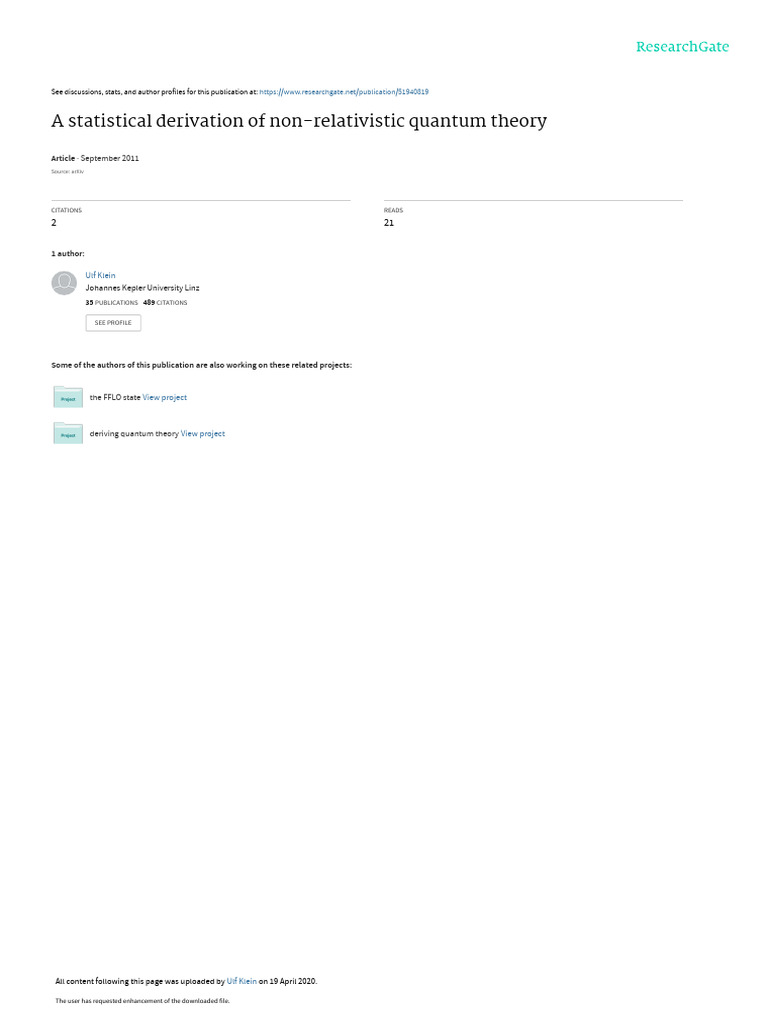 A Statistical Derivation of Non-Relativistic Quant | PDF | Quantization (Physics) | Quantum ...