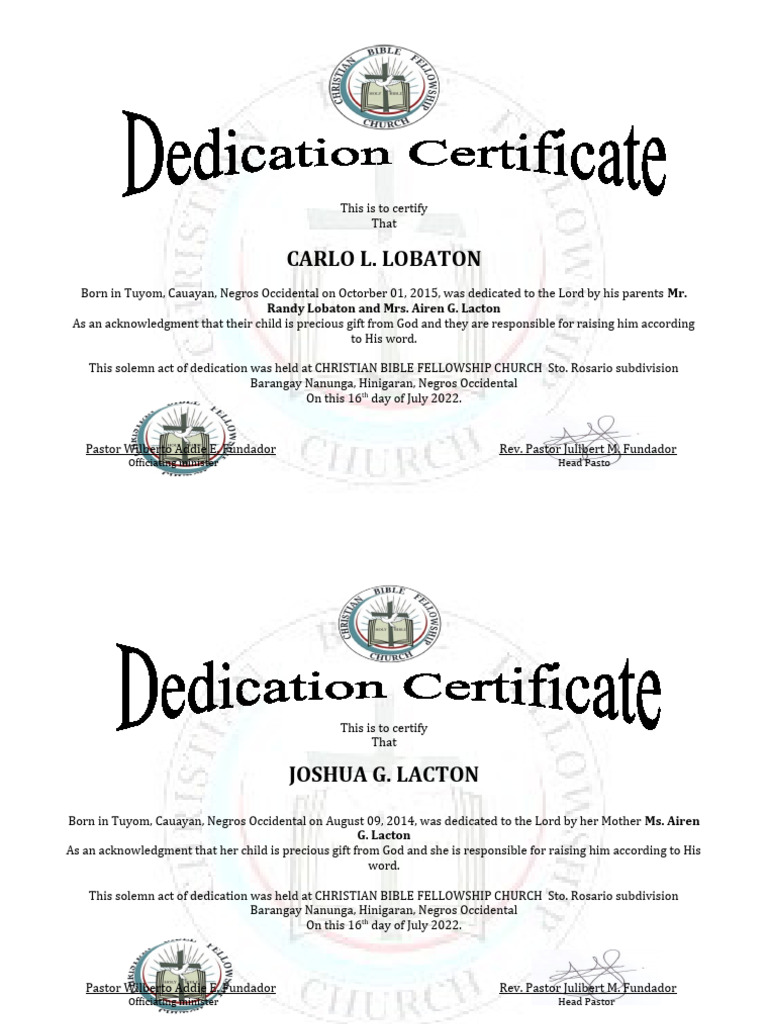 Dedication Certificate | PDF | Christian Denominational Families ...