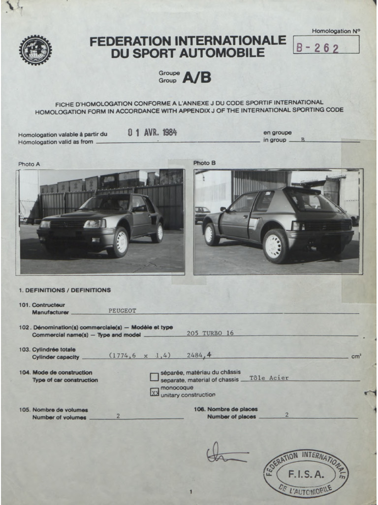 Homologation Form Number 262 Group B | PDF | Injection (moteur ...