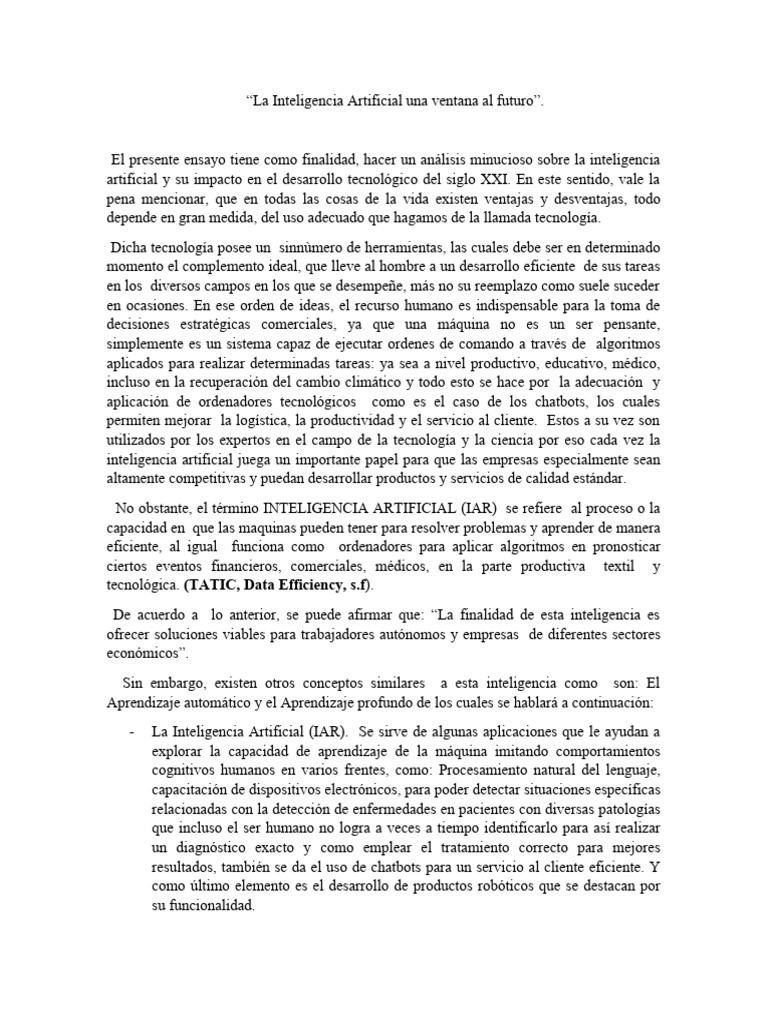ENSAYO INTELIGENCIA ARTIFICIAL - Docxbrian 2 | PDF | Inteligencia artificial | Inteligencia (IA ...
