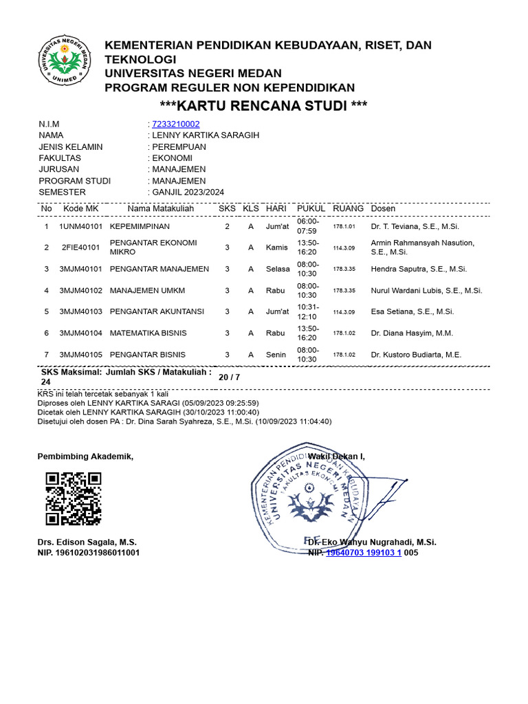 Kartu Rencana Studi (KRS) - AKAD UNIMED | PDF