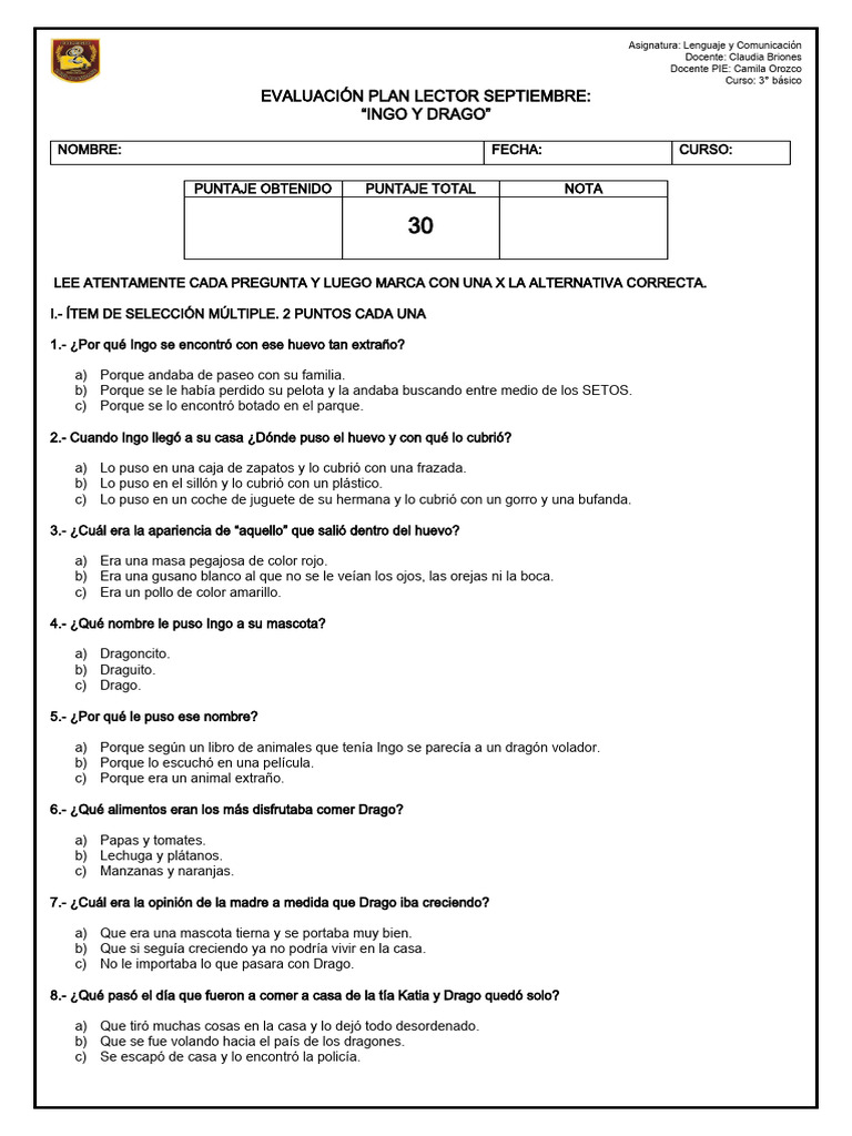 Evaluación Plan Lector Septiembre | PDF