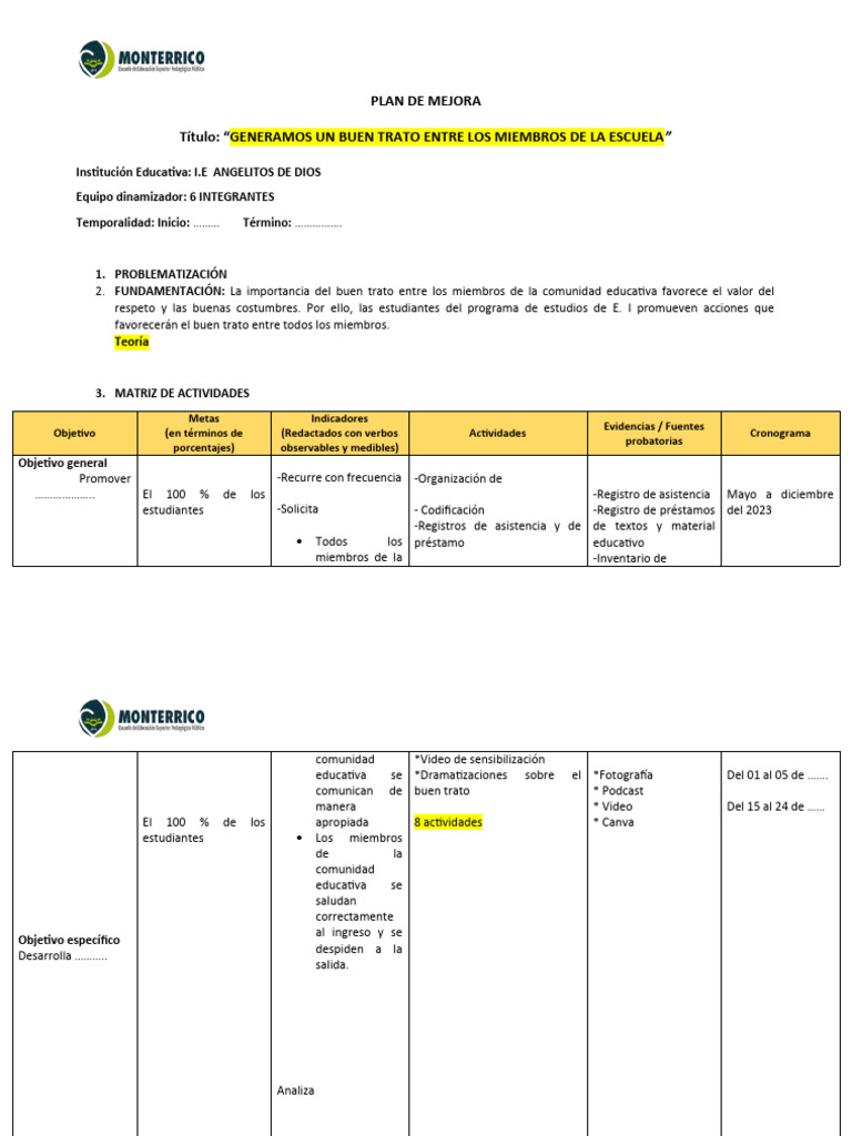 Formato de Plan de Mejora | PDF