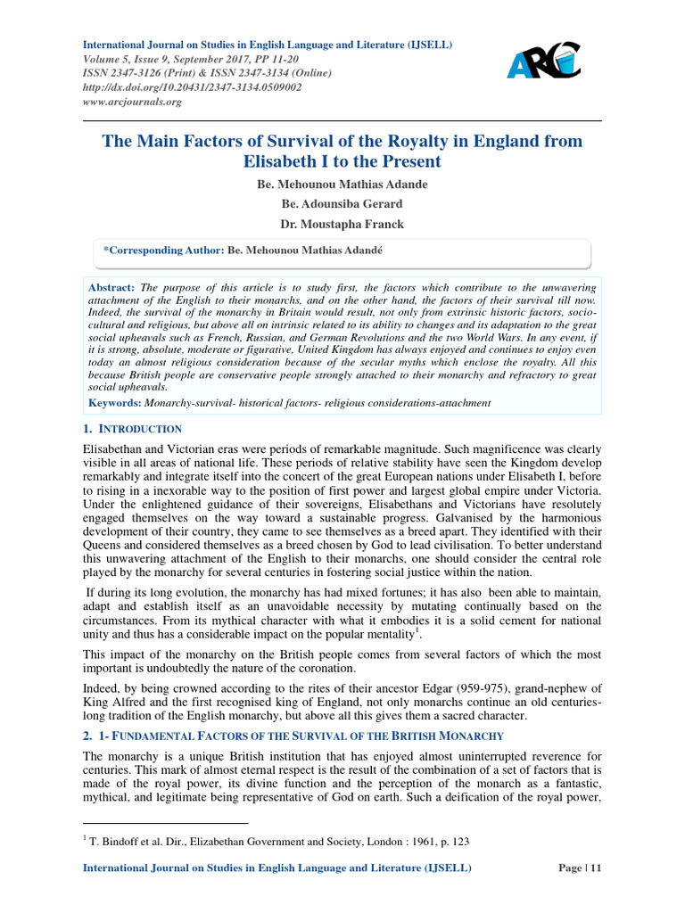 The Main Factors of Survival of The Royalty in England From Elisabeth I ...