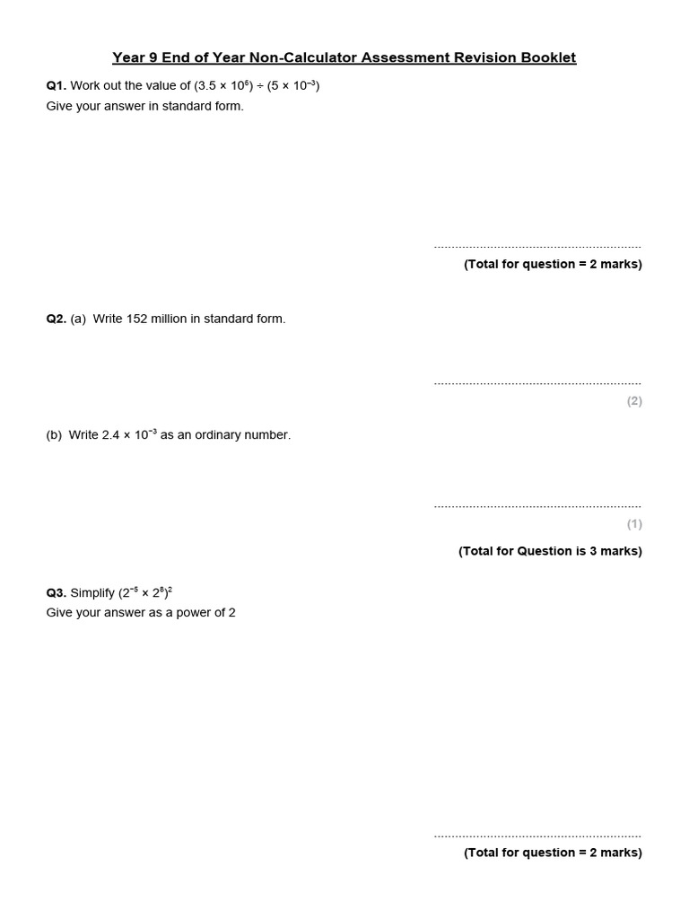 Year 9 End of Year Non-Calculator Assessment Revision Booklet | PDF ...