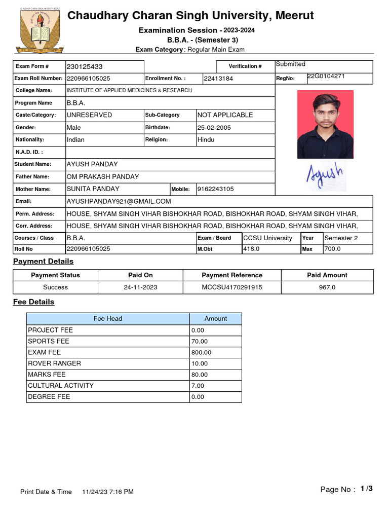 Ayush Exam Form | PDF
